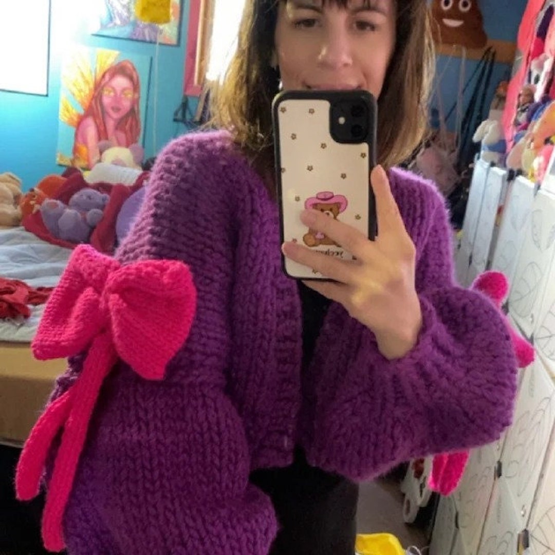 Knit Chunky Bow Coquette Cardigan, Coquette Pink Bow Cardigan, Coquette ...