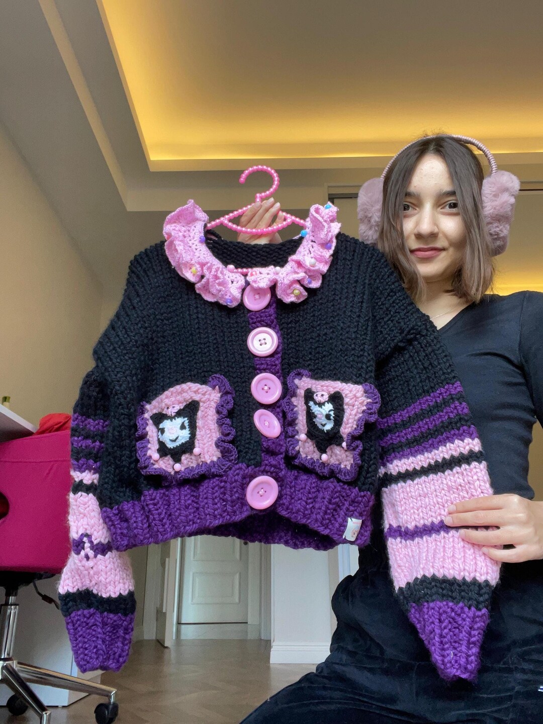 Knit Kawaii Kuromi Cardigan, Pastel Gothic Creepy Cute Style Cardigan ...