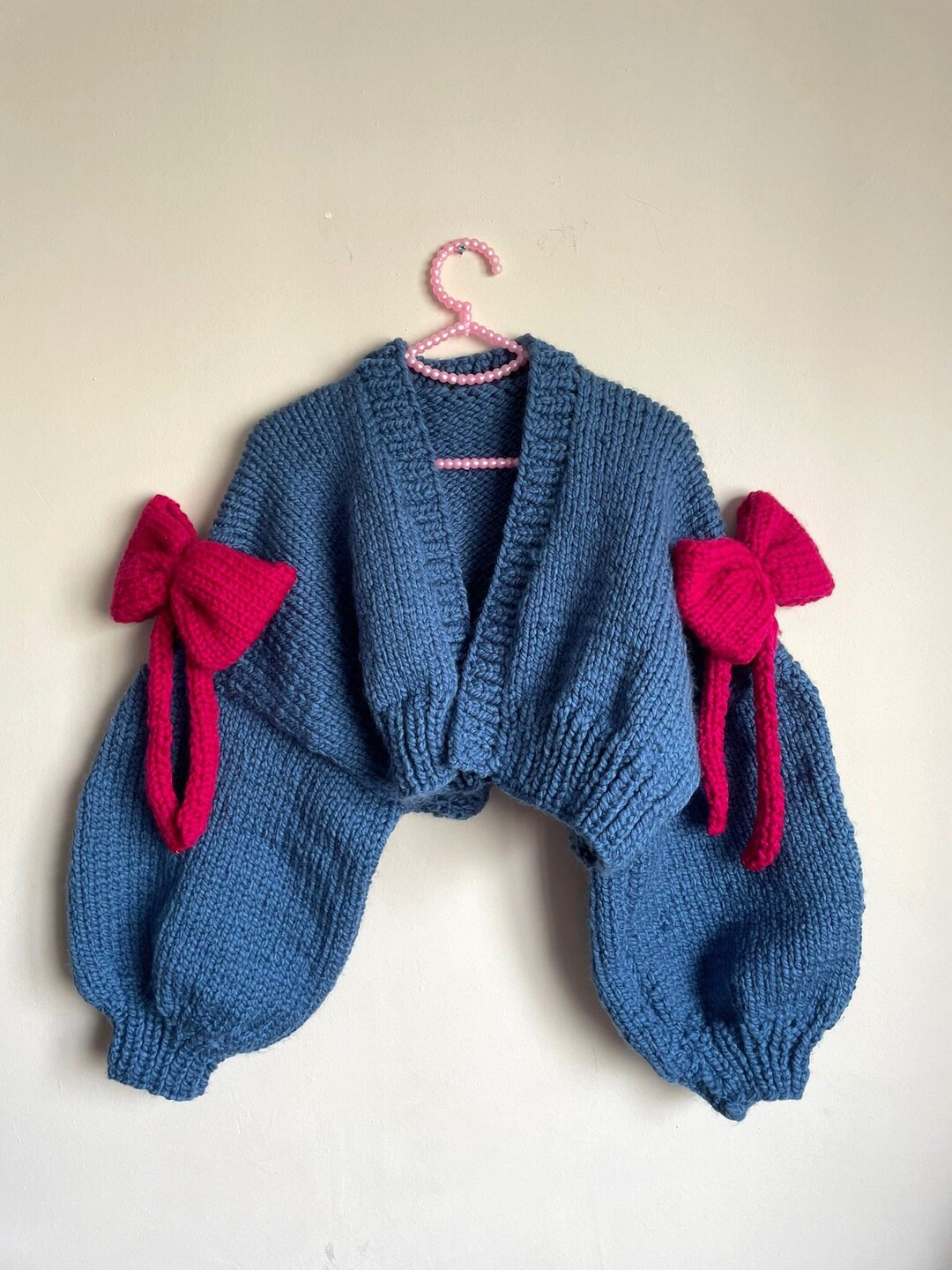 Knit Chunky Bow Coquette Cardigan, Navy Pink Coquette Sweater, Cute ...