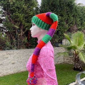 Knit Long Jester Harlequin Hat, Clown Core Cosplay Hat, Green Orange ...