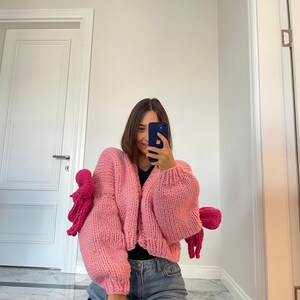 Chunky Pink Bow Coquette Cardigan, Cute Chunky Coquette Pink Cardigan ...