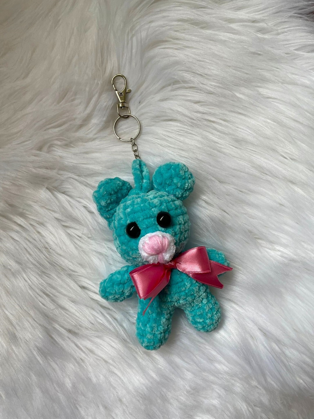 Crochet Blue Teddy Bear Keychain, Blue Plush Crochet Keychain With Pink ...