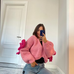 Chunky Pink Bow Coquette Cardigan, Cute Chunky Coquette Pink Cardigan ...