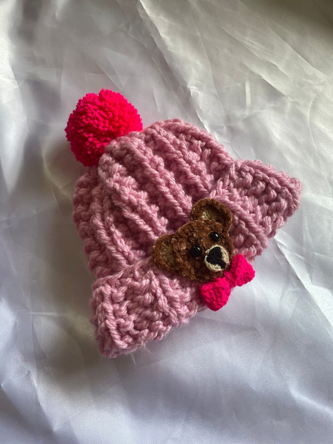 Knit Pink Teddy Bear Beanie, Kawaii Teddy Bear Hat, Anime Cute Pompoms ...
