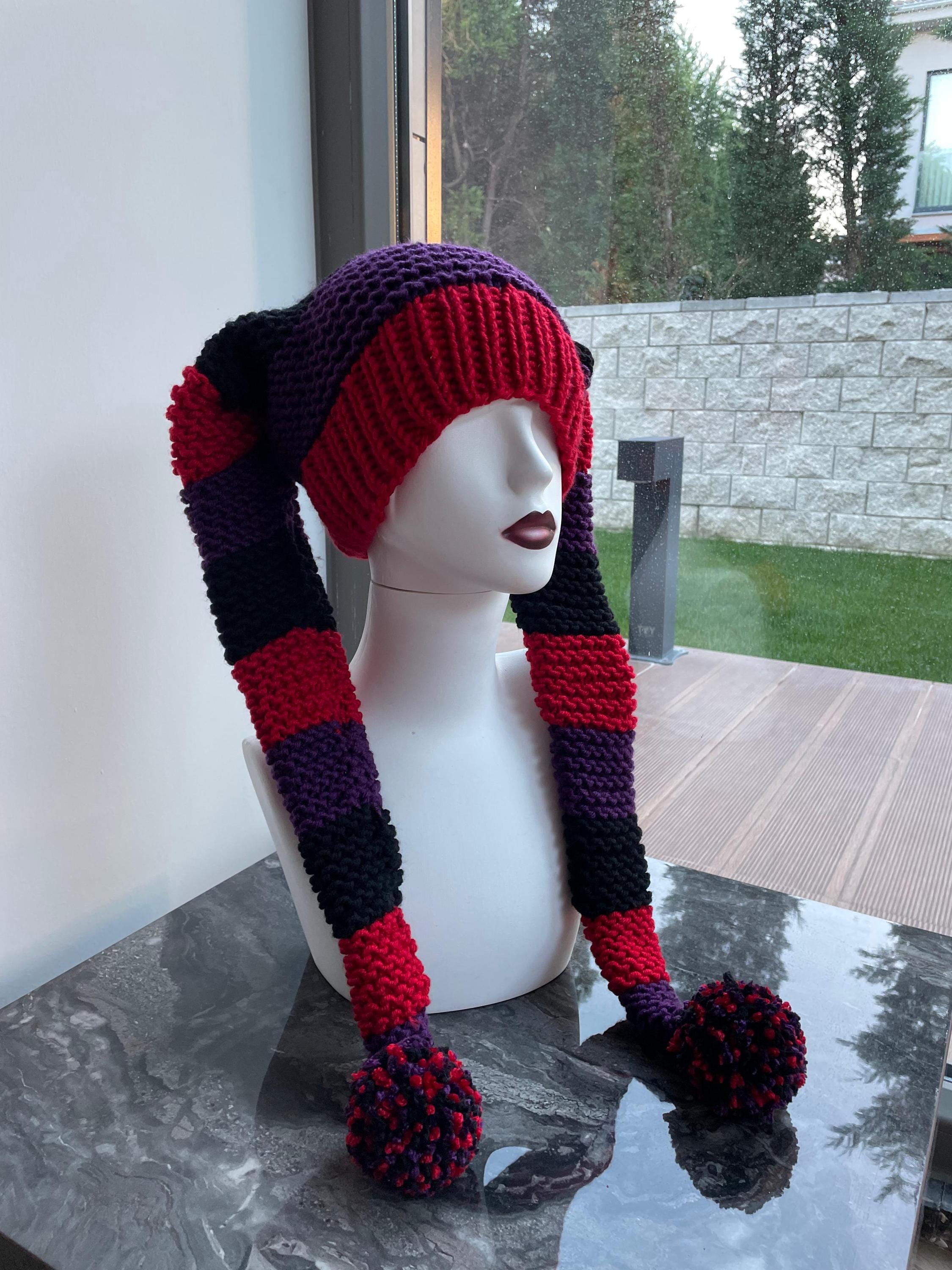 Knit Long Jester Harlequin Hat, Gothic Clown Jester Hat, Black Red ...