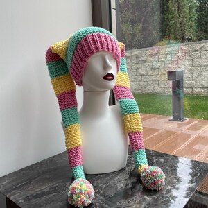 Knit Long Jester Harlequin Hat, Kawaii Pastel Clown Jester Hat, Cute ...