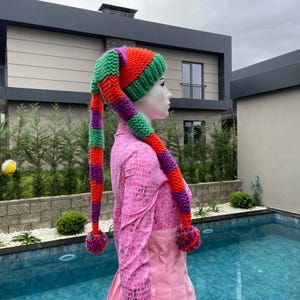 Knit Long Jester Harlequin Hat, Clown Core Cosplay Hat, Green Orange ...
