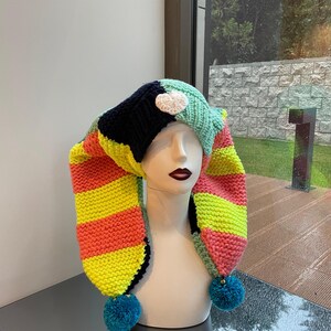 Knit Fizzarolli Hat, Long Jester Harlequin Hat, Clown Jester Hat, Funny ...