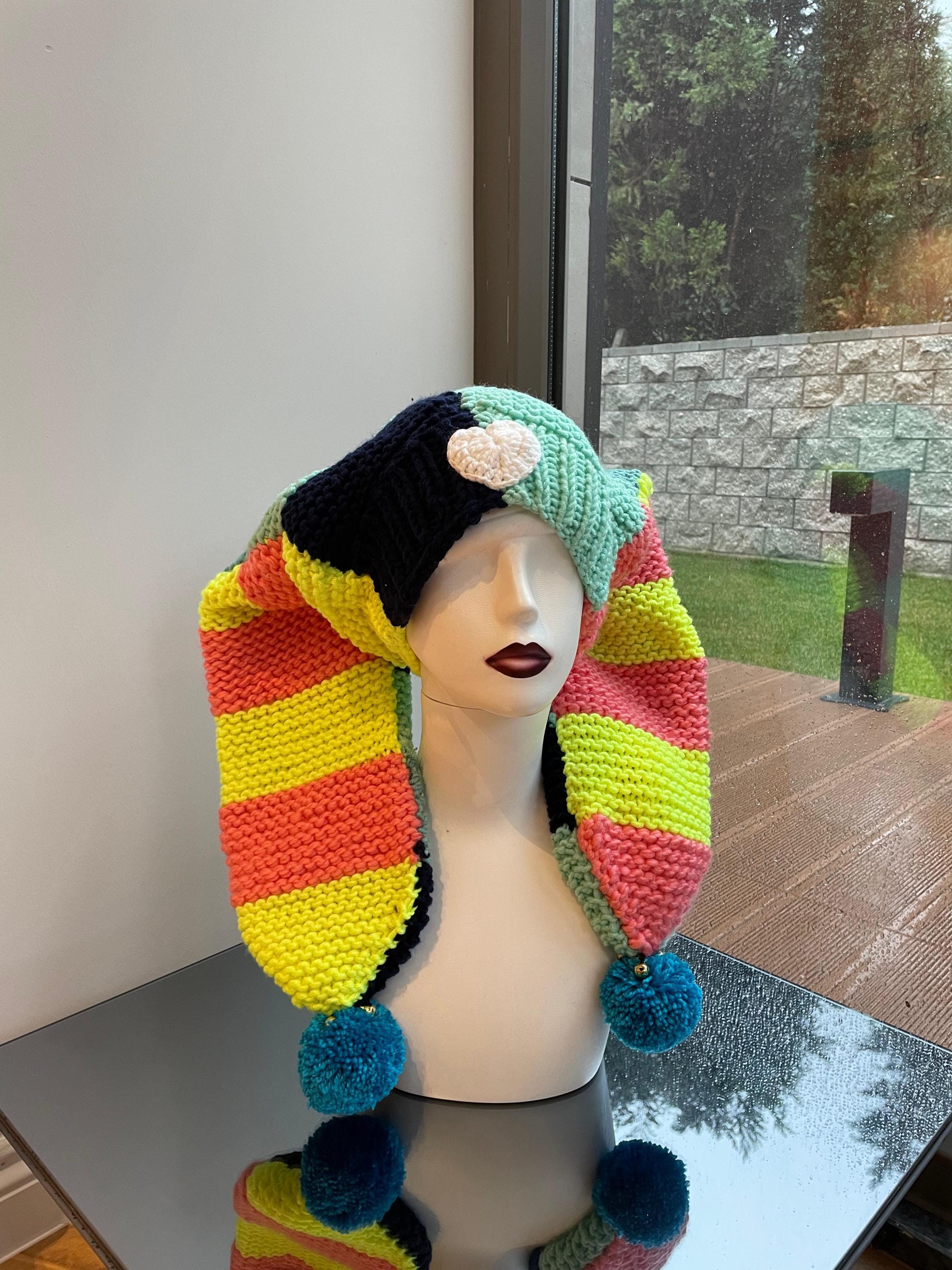 Knit Fizzarolli Hat, Long Jester Harlequin Hat, Clown Jester Hat, Funny ...
