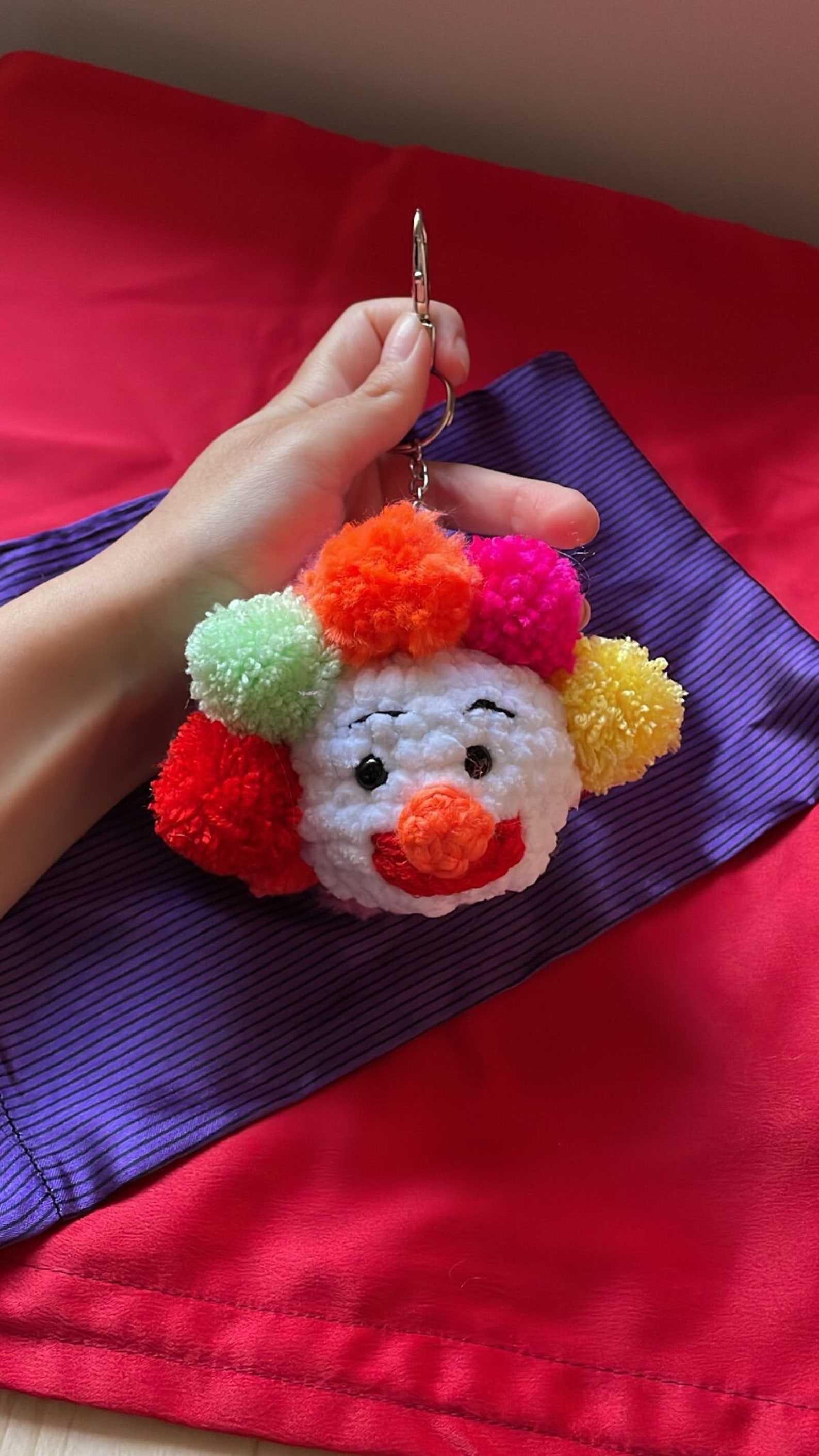 Crochet Rainbow Clown Keychain, Colorful Pompom Key Holder, Kawaii ...