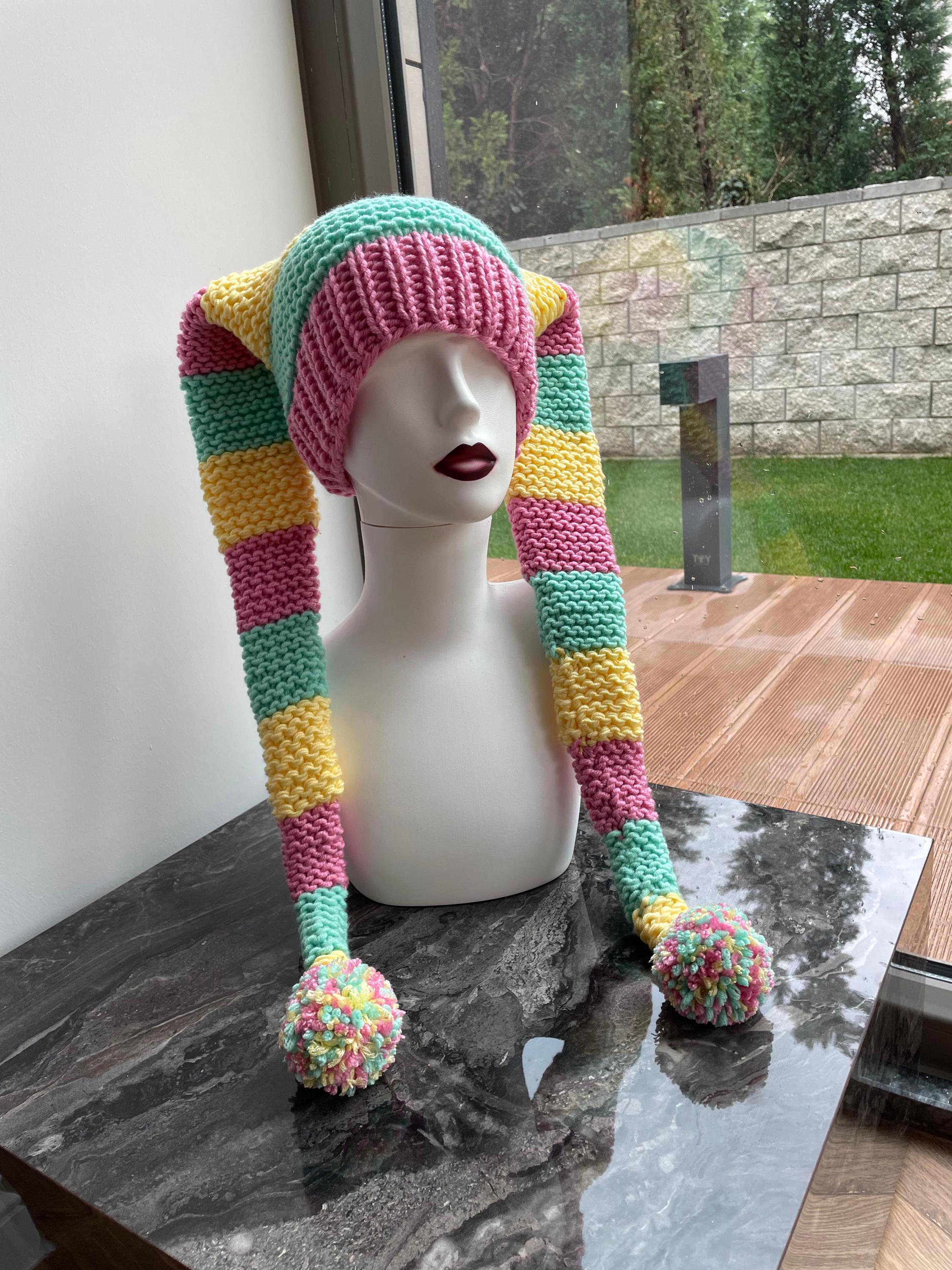 Knit Long Jester Harlequin Hat, Kawaii Pastel Clown Jester Hat, Cute ...