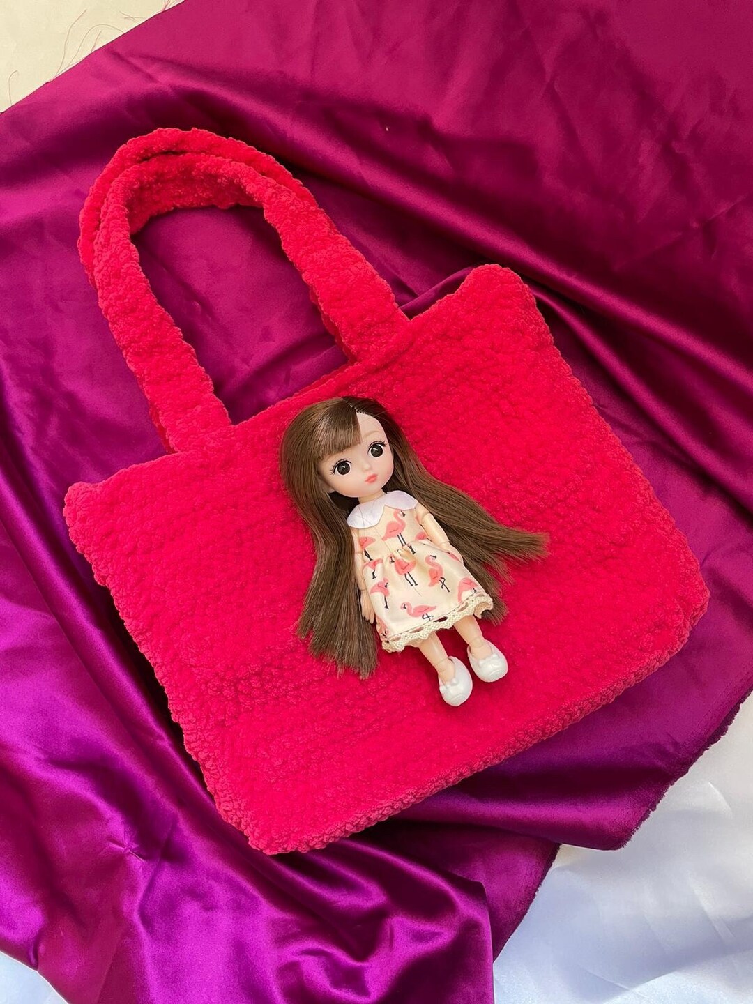 Crochet Velvet Pink Brunette Doll Bag, Anime Kawaii Bag, Japanese Style ...