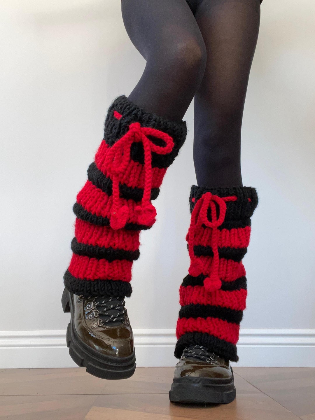 Knit Striped Red and Black Leg Warmers, Emo Striped Leg Warmers, Chunky ...