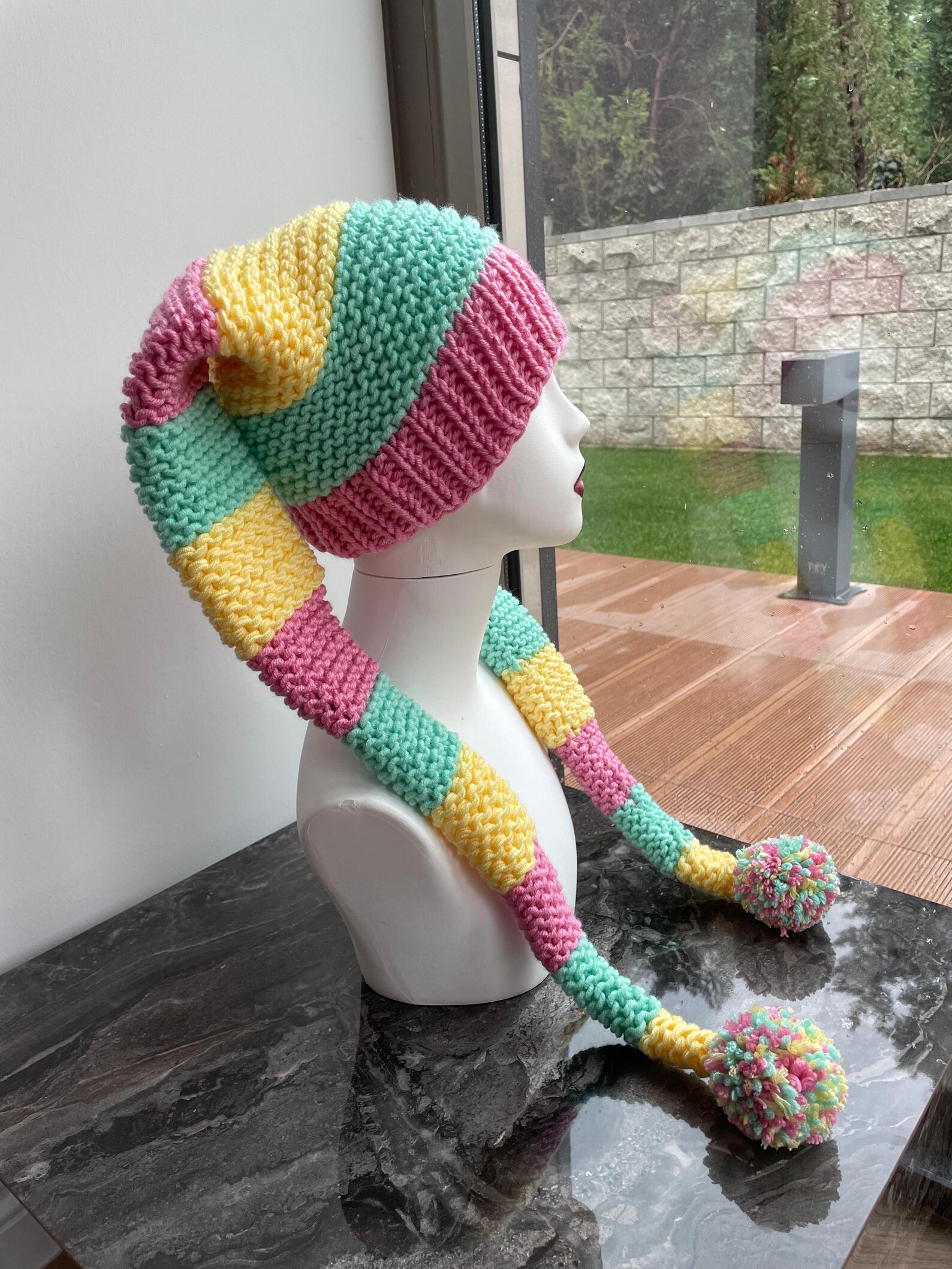 Knit Long Jester Harlequin Hat Kawaii Pastel Clown Jester Hat Cute Candy Hat Funny Jester