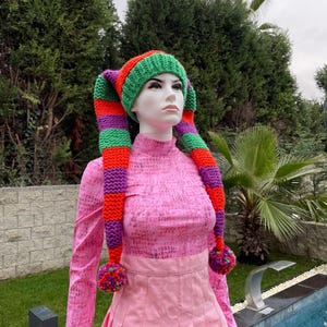Knit Long Jester Harlequin Hat, Clown Core Cosplay Hat, Green Orange ...