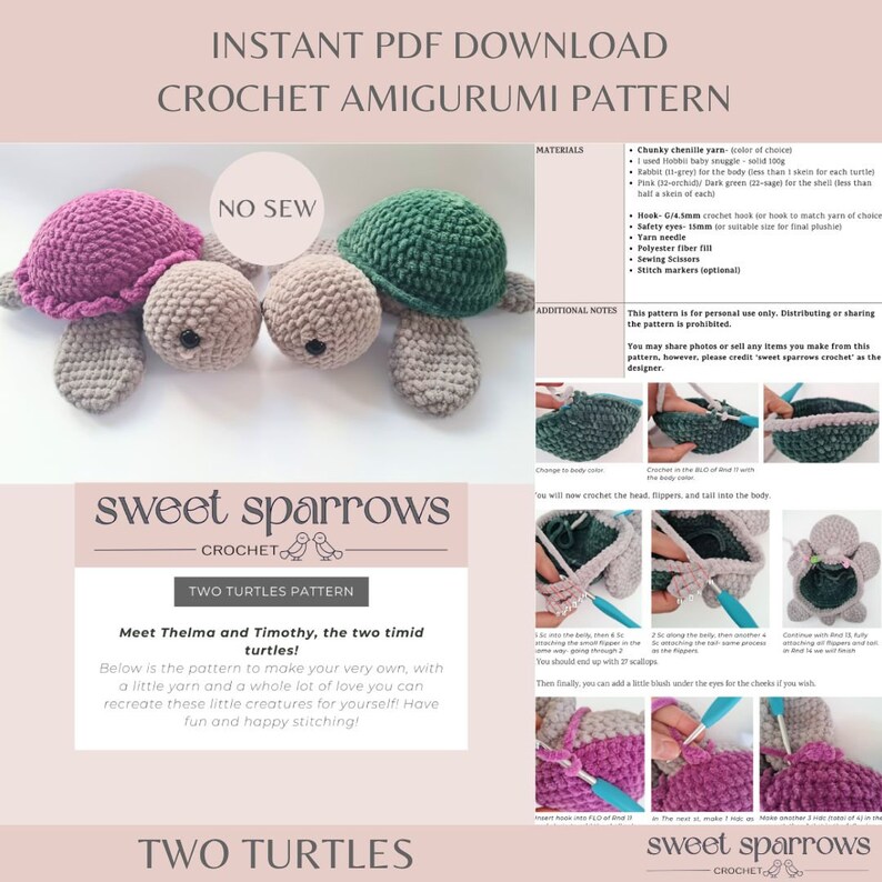 No Sew Two Turtle Crochet Pattern, Amigurumi, Crochet Plushie Stuffed ...