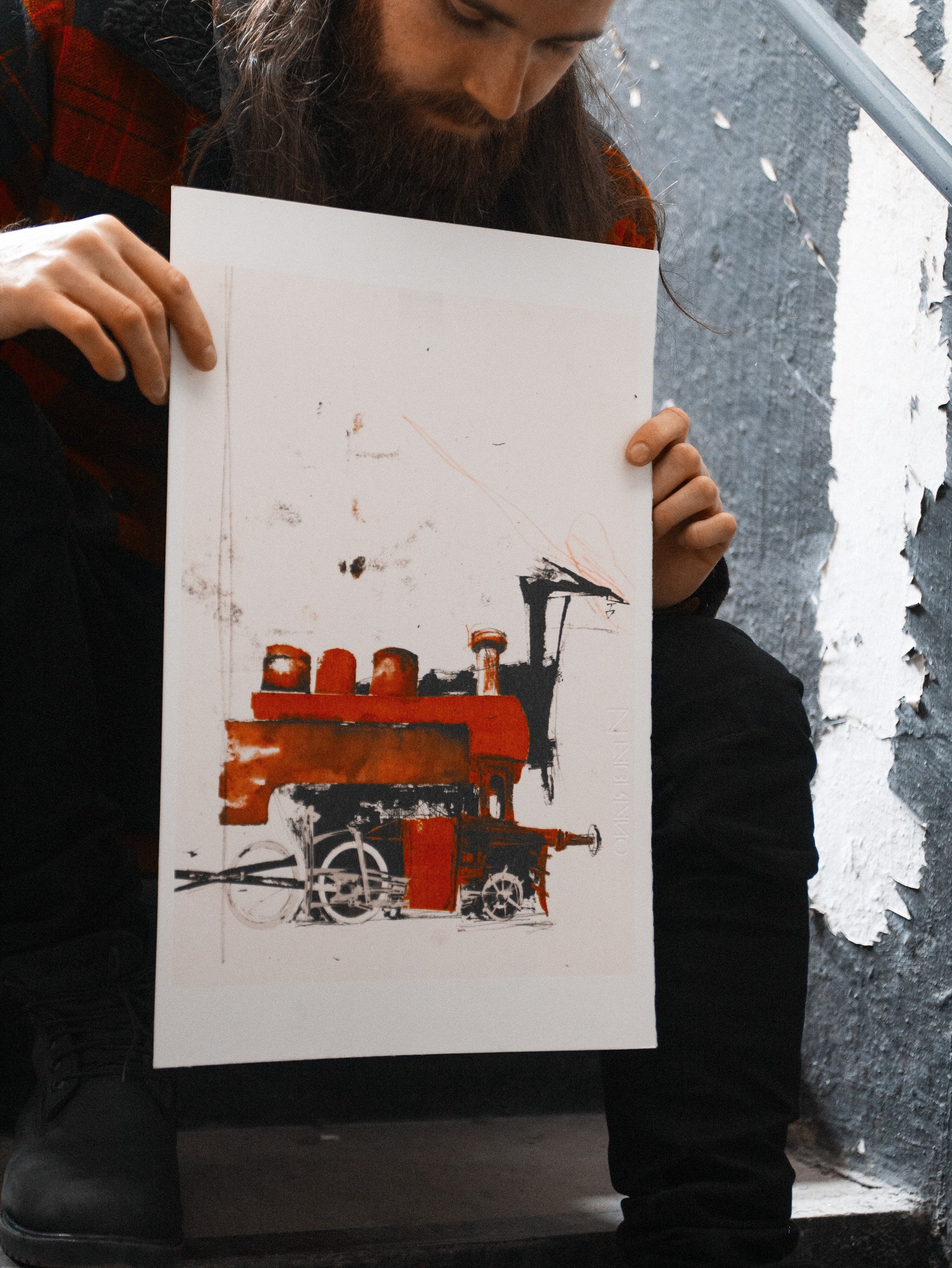 Crimson Locomotive Abstract Art Red Train Print Original Ink and ...