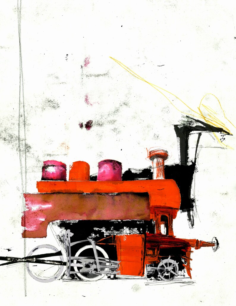 Crimson Locomotive Abstract Art Red Train Print Original Ink and ...