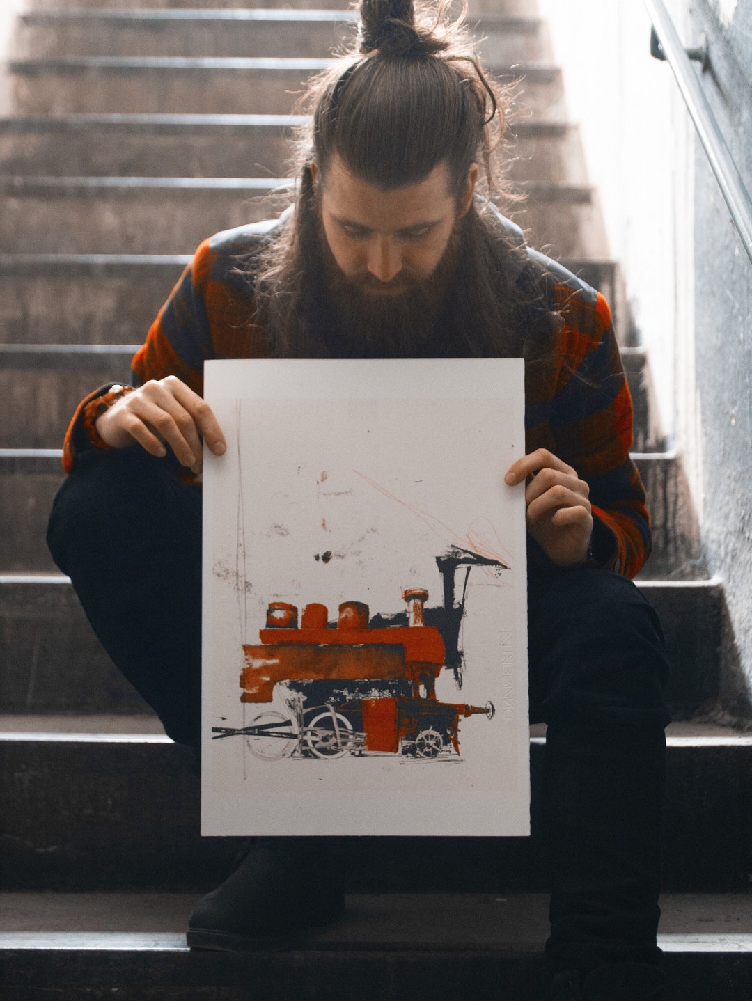 Crimson Locomotive Abstract Art Red Train Print Original Ink and ...