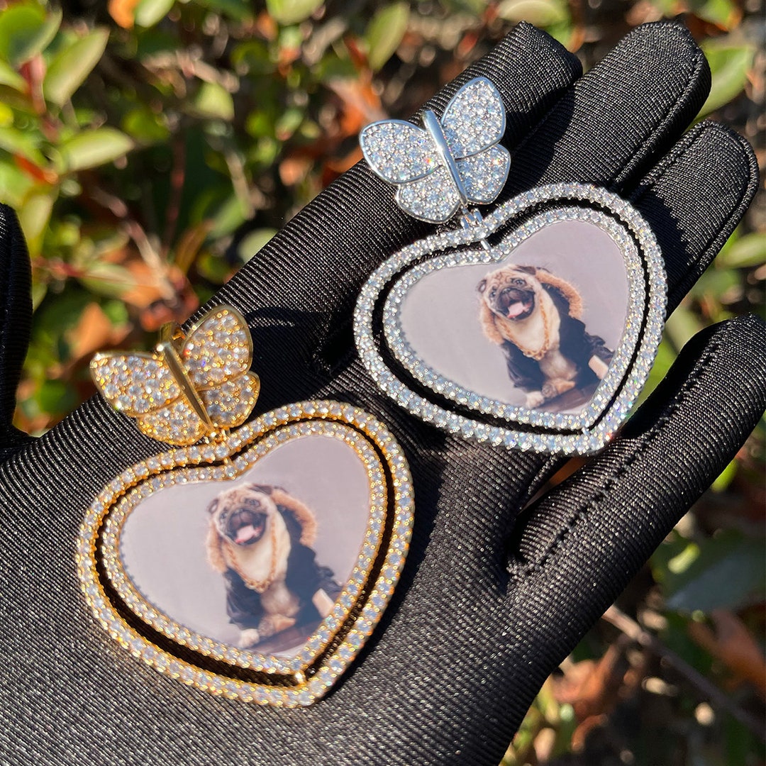 Men's Iced Out Heart Shaped Photo Chain & Pendant, Hip Hop Diamond ...