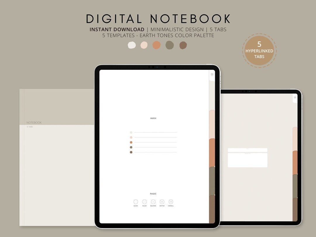 Minimalist Digital Notebook, Earth Tones Color Scheme, 5 Hyperlinked ...