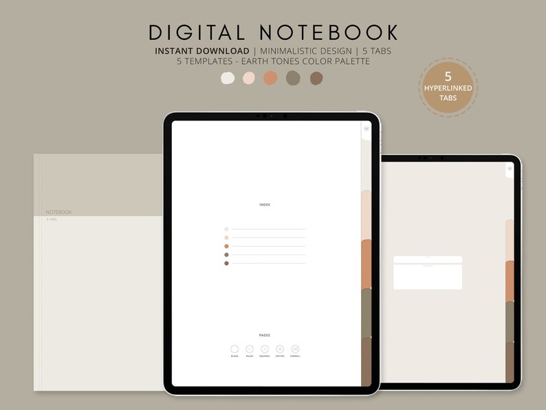 Minimalist Digital Notebook, Earth Tones Color Scheme, 5 Hyperlinked ...