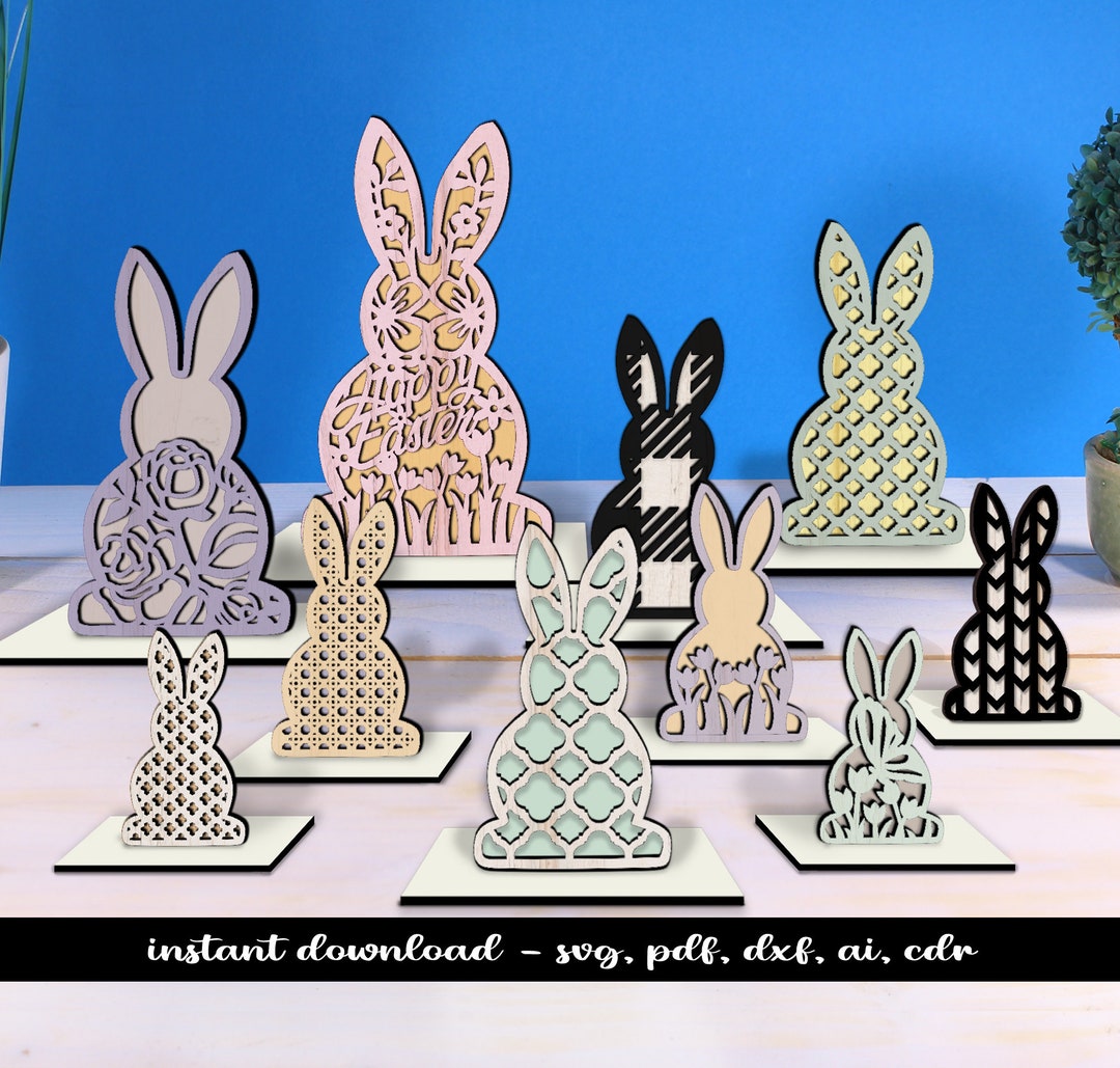 10 Easter Bunnies Floral Decoration Stand Rabbit SVG Glowforge Layered ...