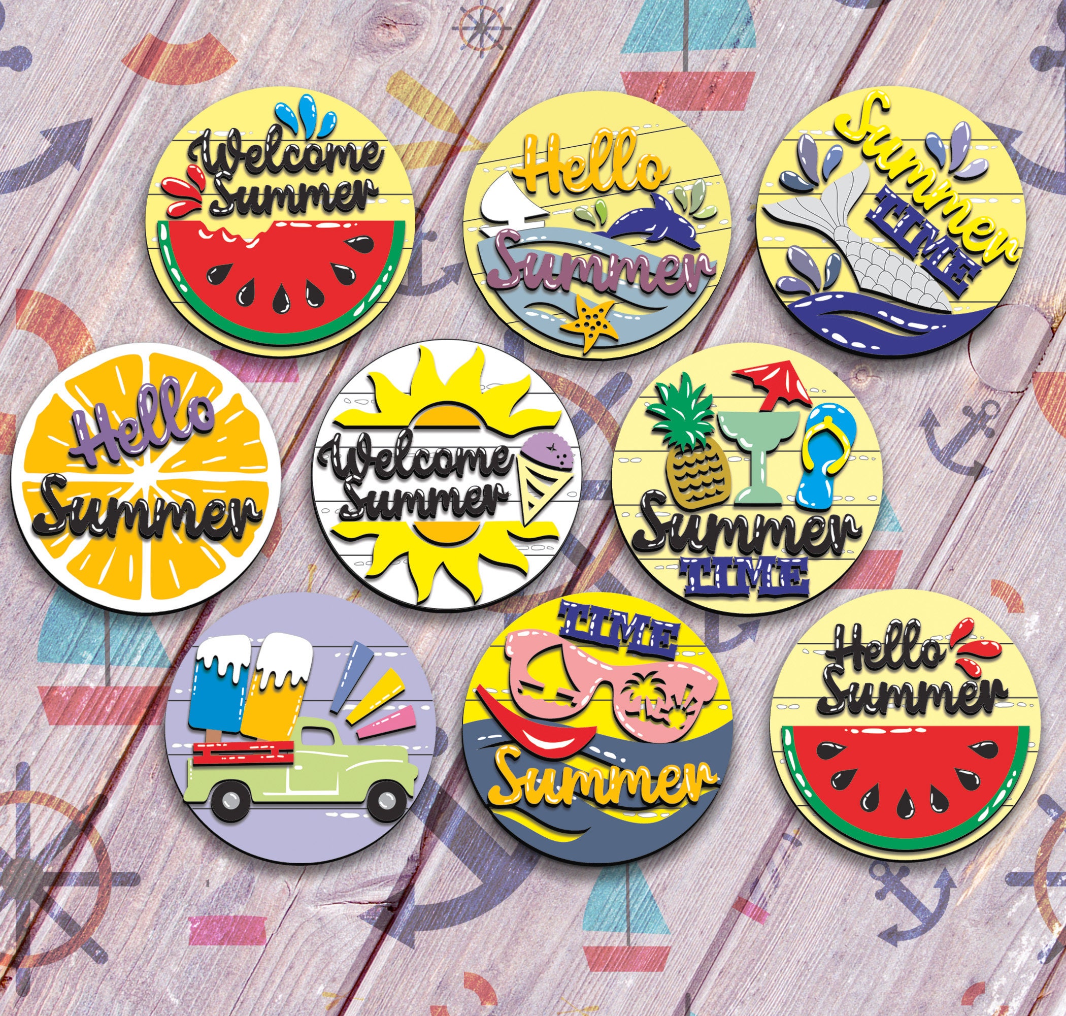 8 Hello Summer Round Welcome Summer Time Sea Maritime Leisure - Etsy