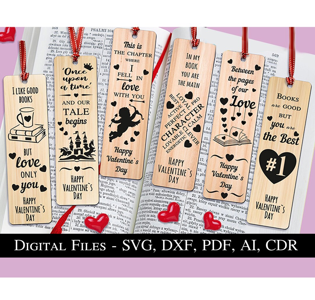 6 Valentine's Day Love Romantic Bookmarks Gift SVG Glowforge Home Décor ...