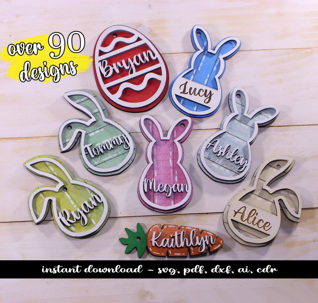 90 Easter Bunny Name Tag Laser SVG Digital Download Rabbits Eggs ...