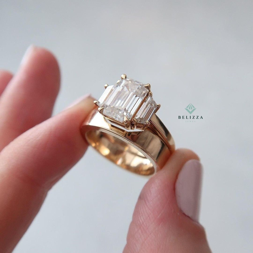 Three-stone Emerald Lab Created Diamond With Band 14K Solid White Gold ...