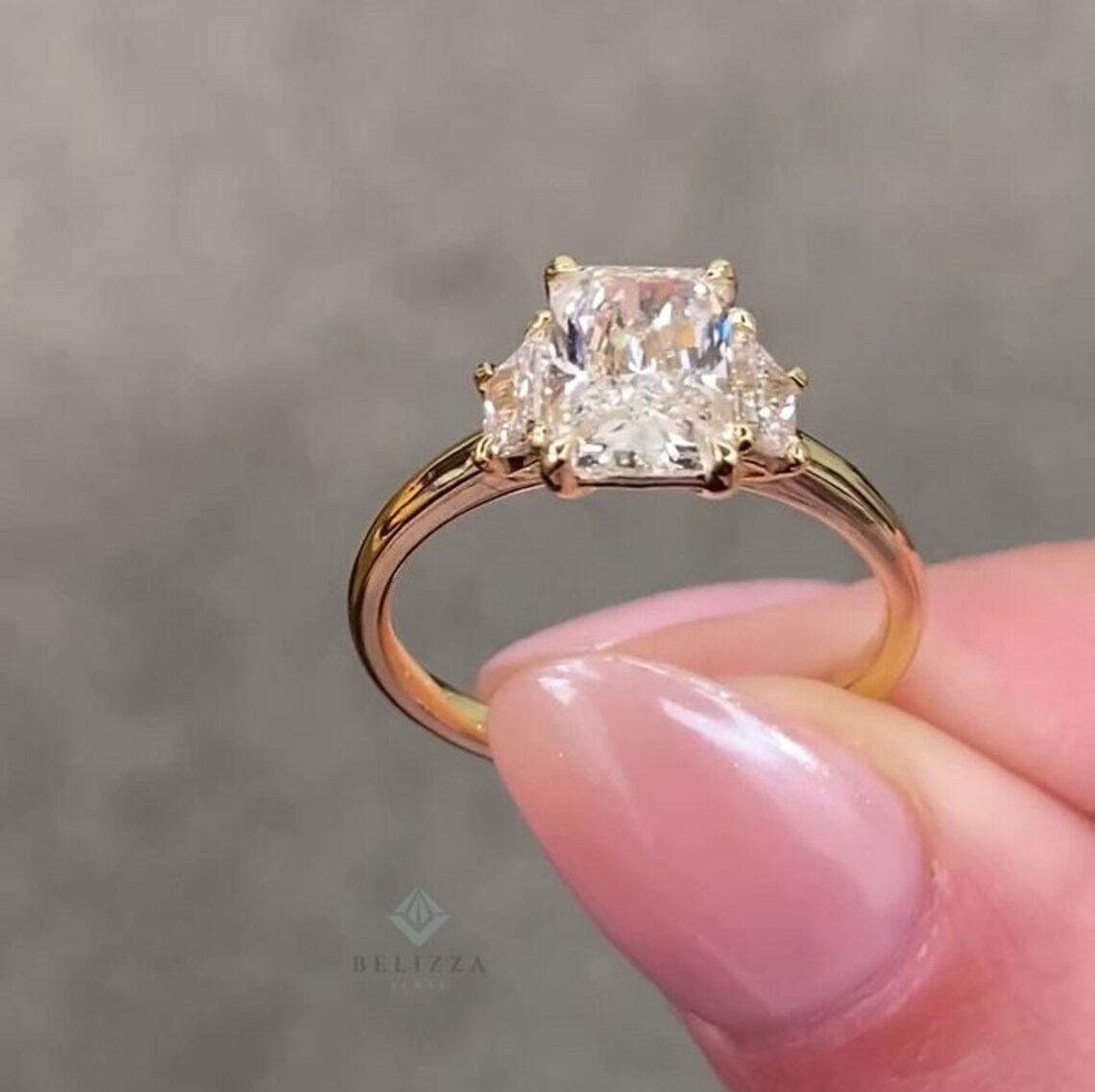 2.65CT Radiant Lab Grown Diamond With Trapezoid Diamond Three Stone ...