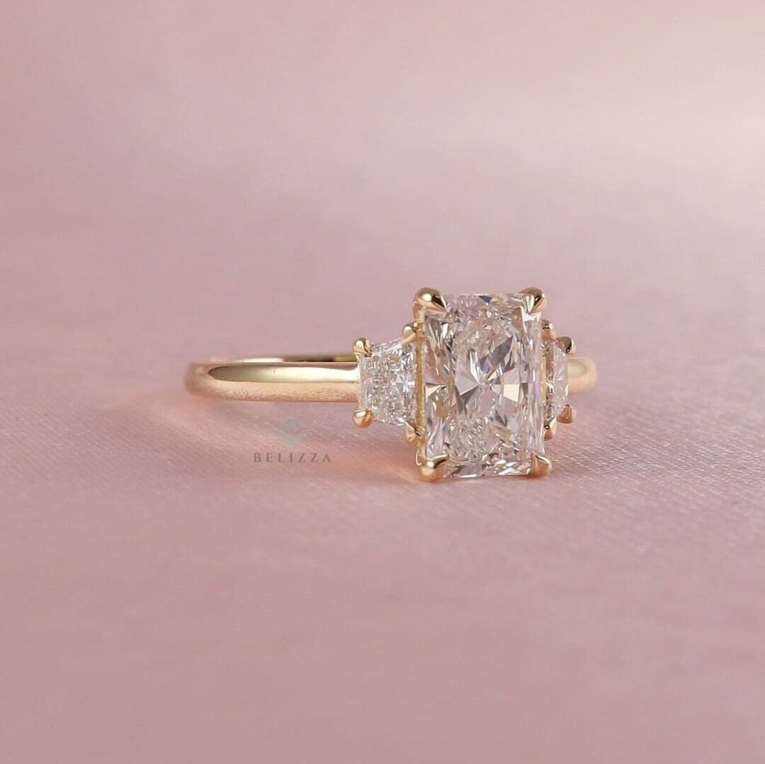 2.65CT Radiant Lab Grown Diamond With Trapezoid Diamond Three Stone ...