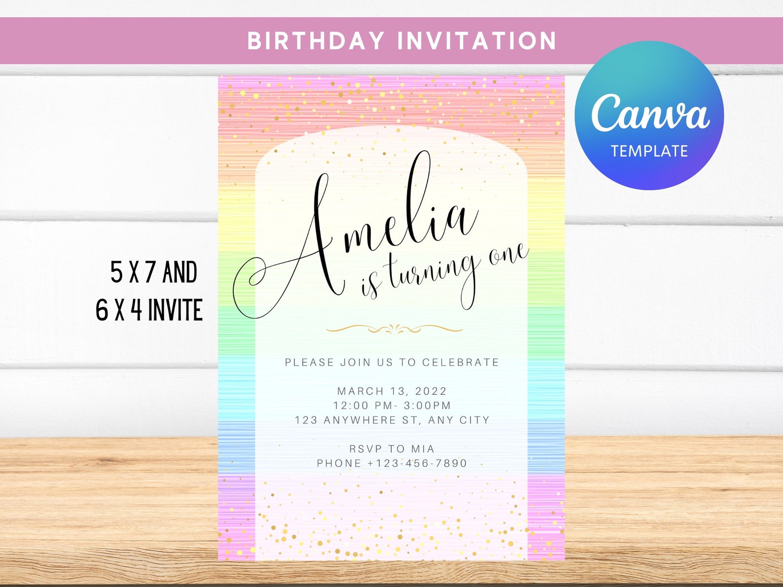 Pastel Rainbow Birthday Invitation Template Editable on Canva, Instant ...