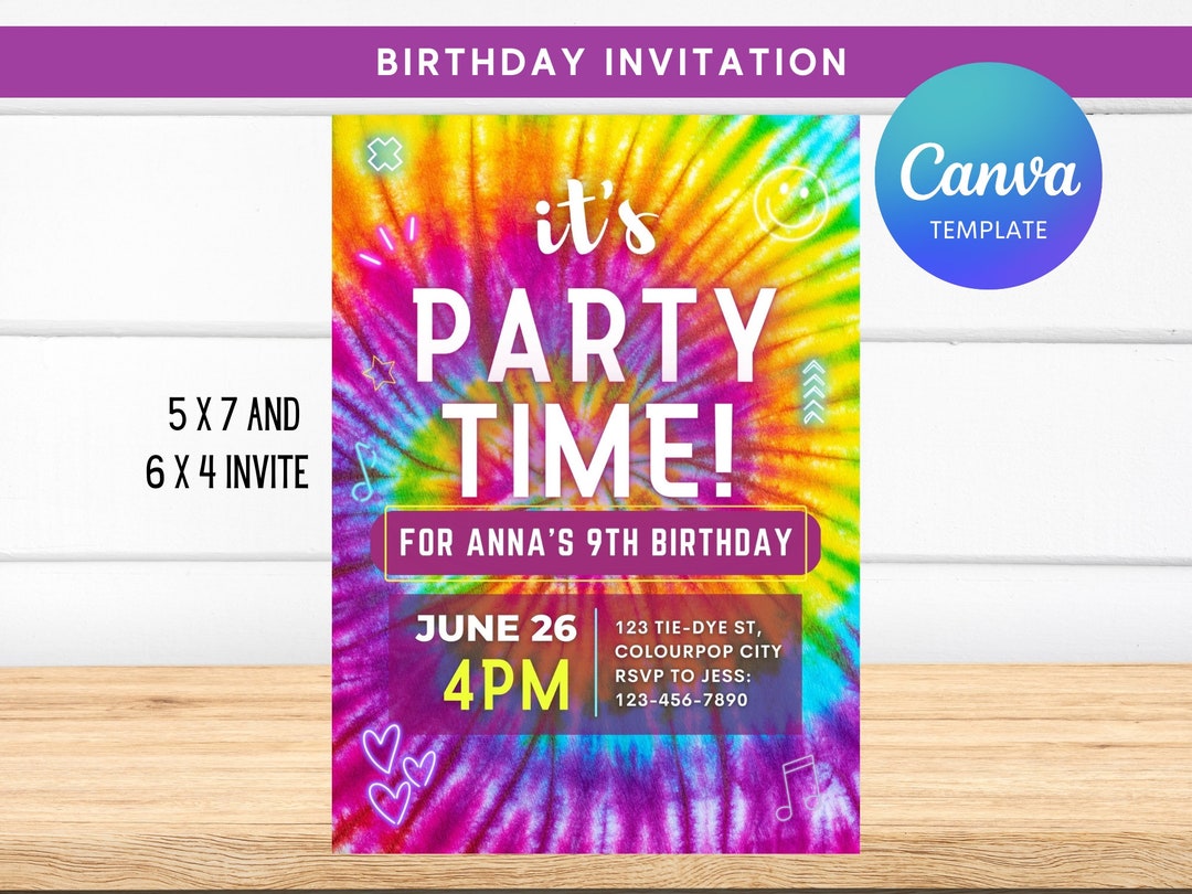 Tie Dye Invitation, Tie Dye Birthday Invitation, Editable on Canva ...