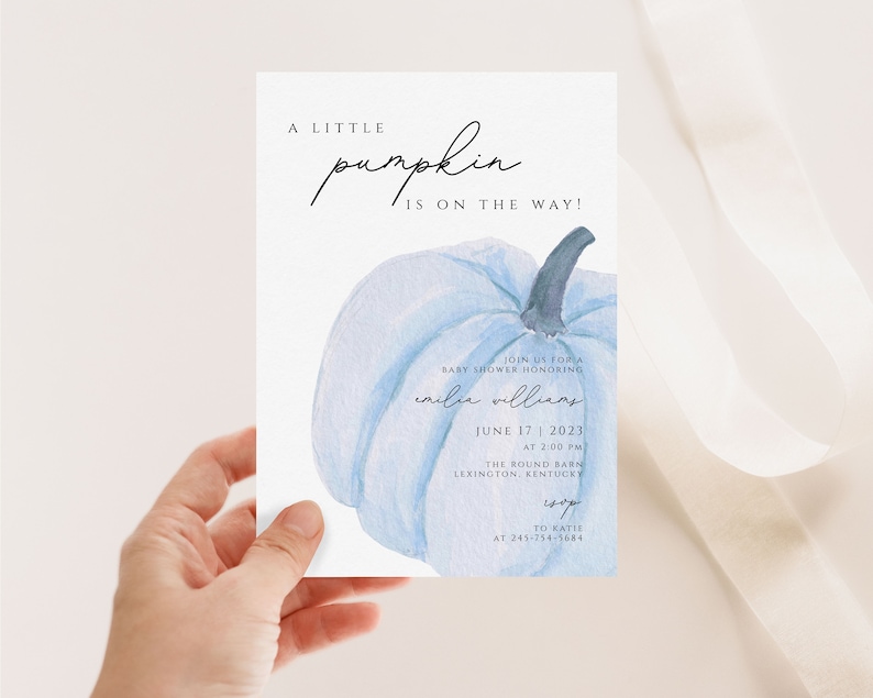 Blue Pumpkin Baby Shower Invitation Bundle, A Little Pumpkin is on the ...