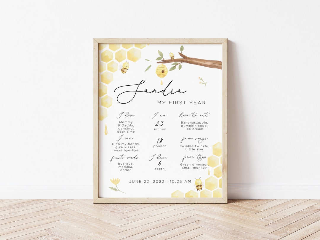 Bee First Birthday Milestone Board, Editable Baby Milestone Board ...