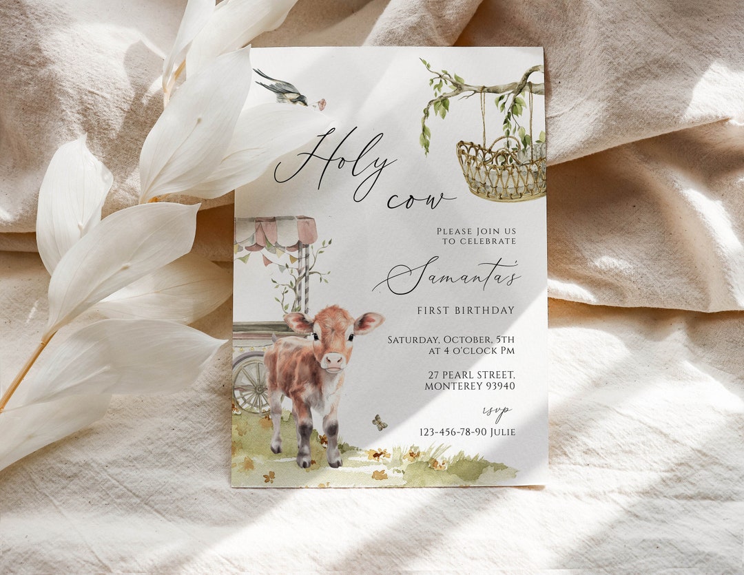 Holy Cow I'm One First Birthday Invitation, Cow First Birthday ...