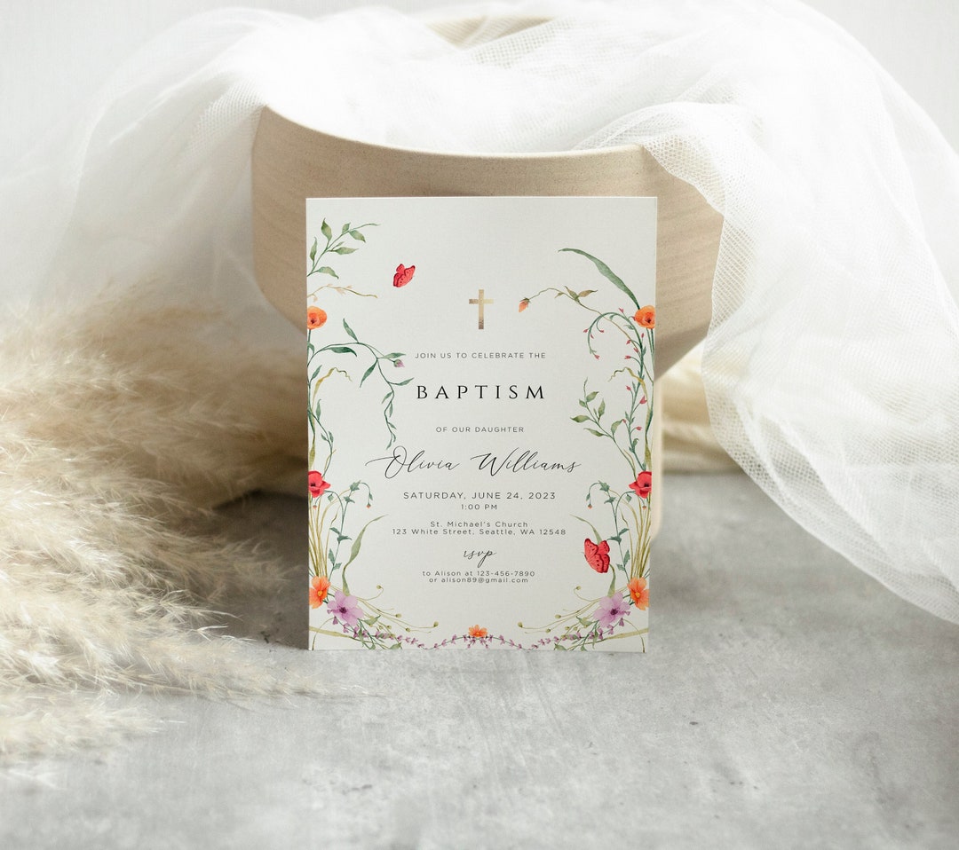 Girls Baptism Invitation, Wildflower Baptism Invitation Template ...