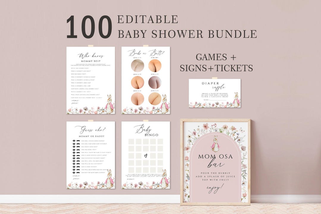 Editable Peter Rabbit Baby Shower Game Bundle, Pink Peter Rabbit Baby ...