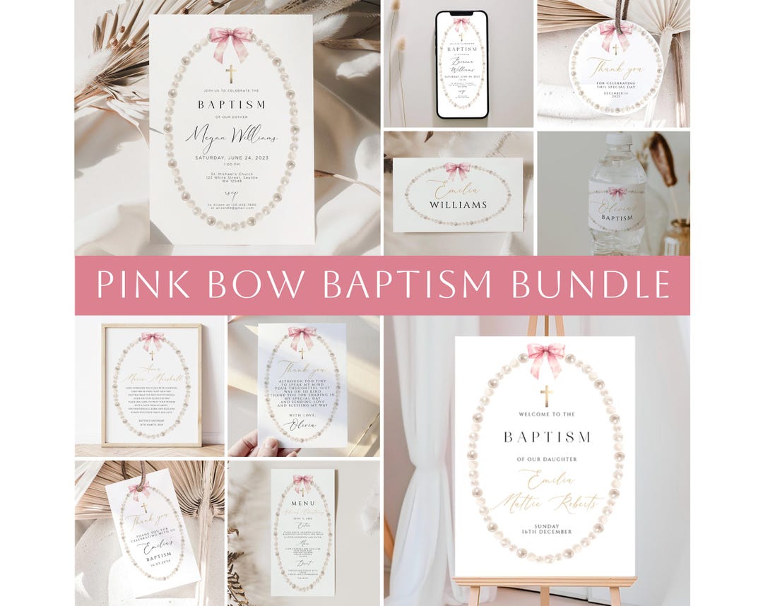 Pink Bow Baptism Invitation Bundle, Christening Invitation Bundle, Floral Christening Bundle ...