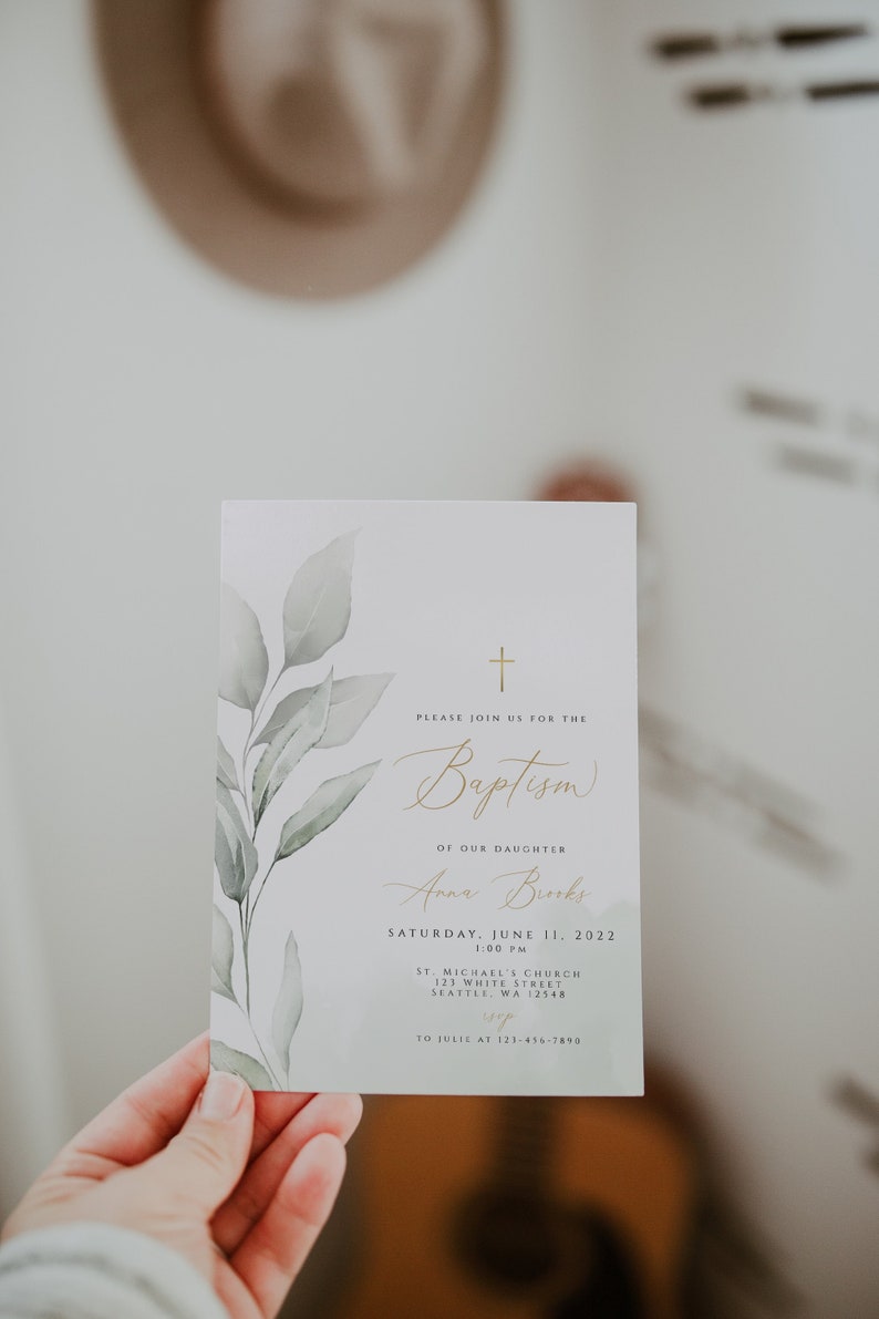 Gold Baptism Invitation Template Editable Greenery Baptism - Etsy