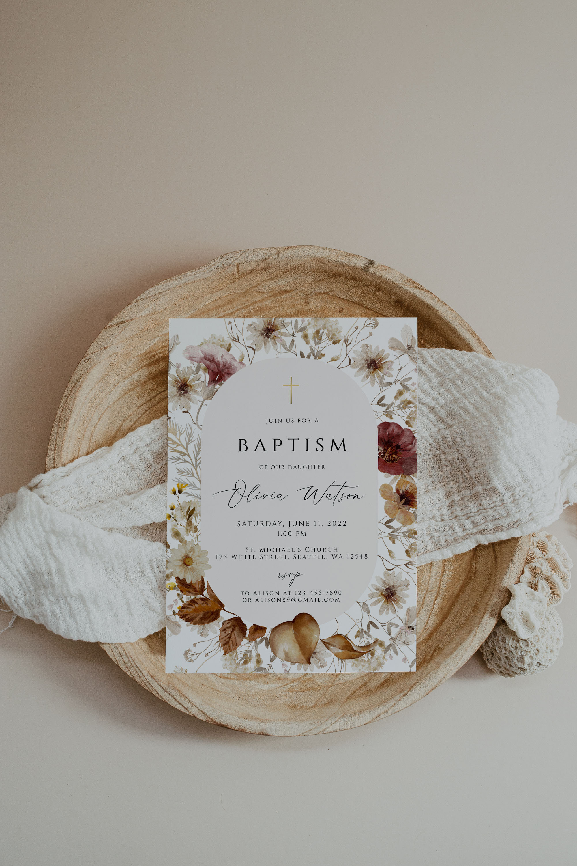 Fall Autumn Baptism Invitation Blush Pink Baptism Invitation Template ...