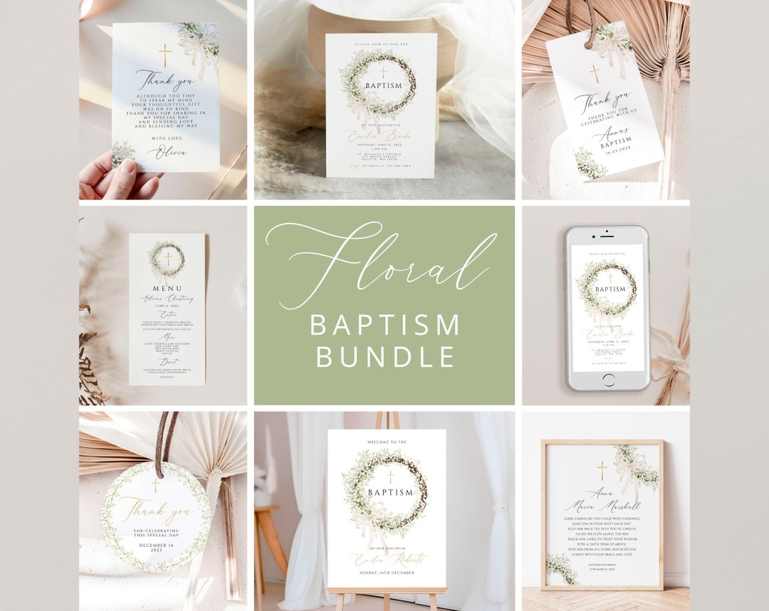 Baptism Invitation Bundle, Christening Invitation Bundle, Floral Christening, Editable Bundle ...