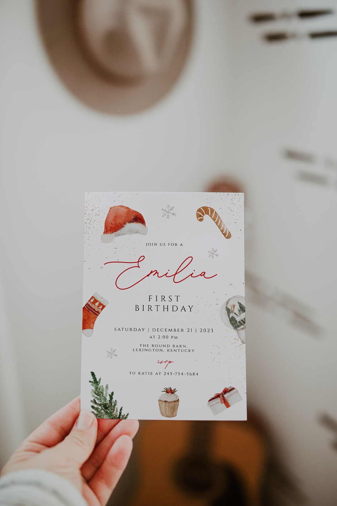 Christmas First Birthday Invitation, Xmas Holiday Winter First Birthday ...