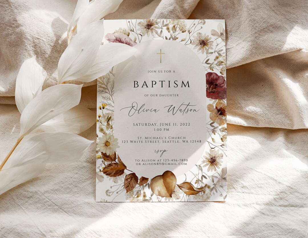 Fall Autumn Baptism Invitation Blush Pink Baptism Invitation Template ...
