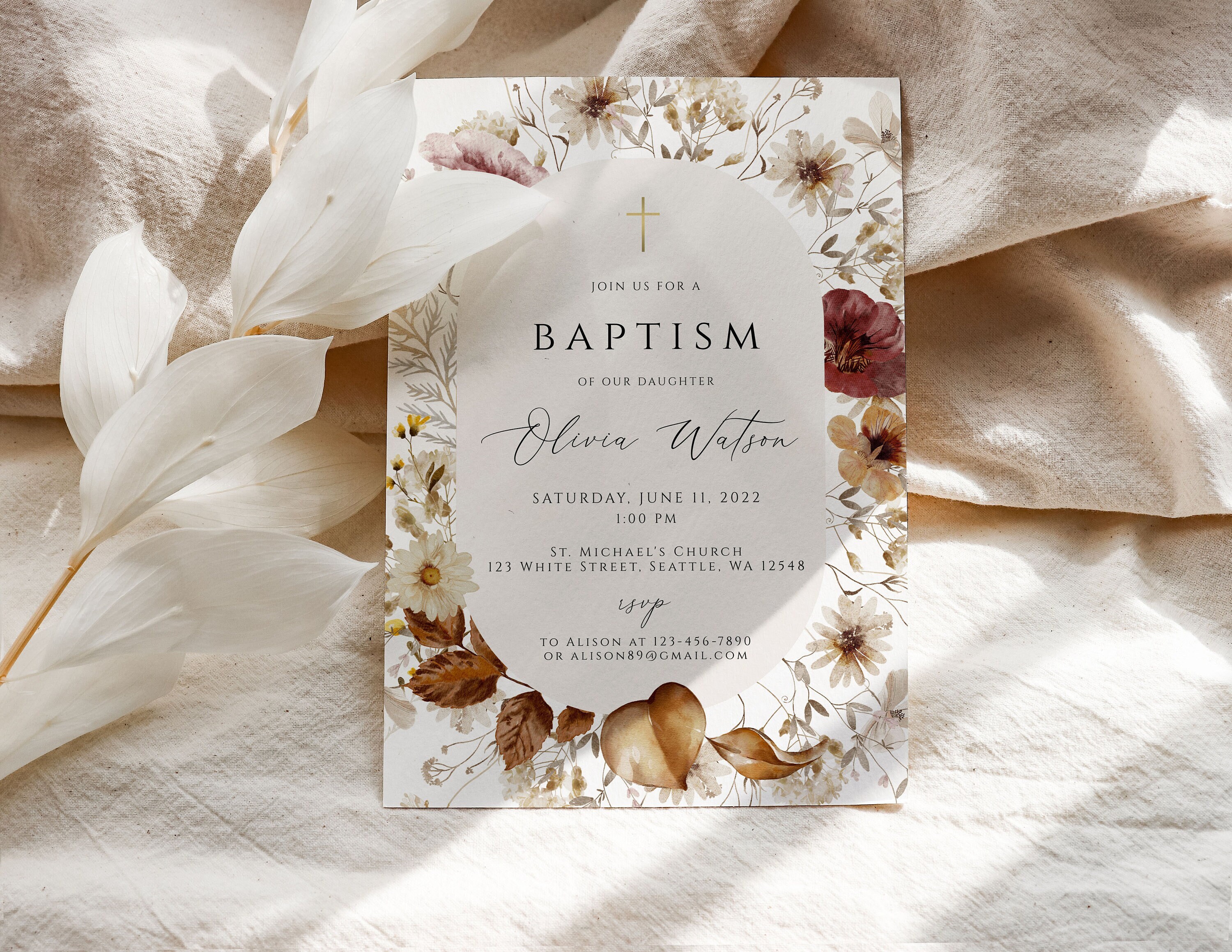 Fall Autumn Baptism Invitation Blush Pink Baptism Invitation Template ...