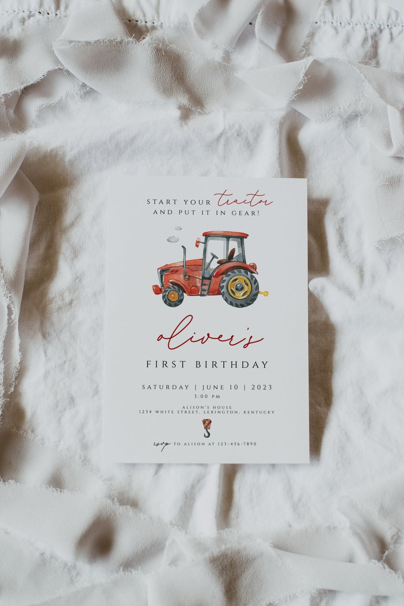 Tractor Birthday Party Invitation Minimalist Red Tractor - Etsy