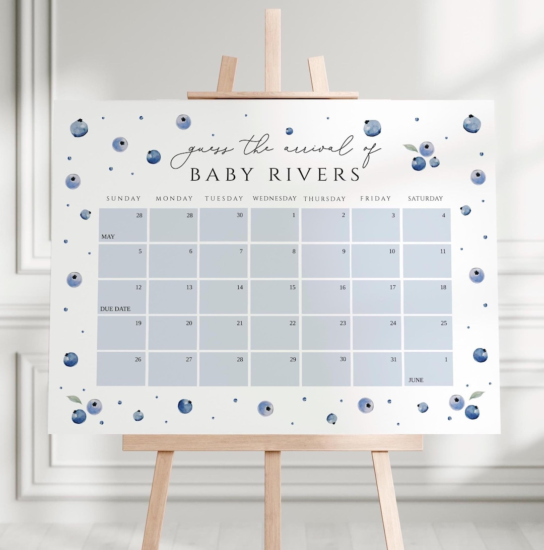 Blueberry Baby Shower Due Date Calendar, Berry Baby Birth Date Sign ...