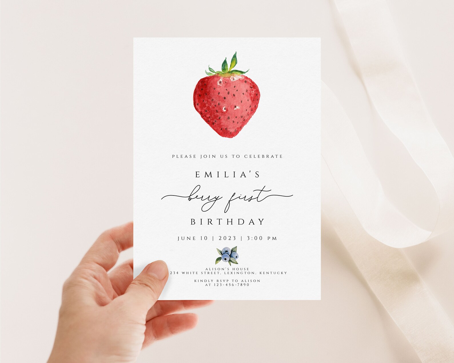 Berry Birthday Invitation Template, Berry First Birthday Invitation ...